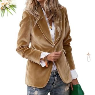 Generic Blazer en velours d&eacute;contract&eacute; pour femme - Veste boutonn&eacute;e vintage &agrave; manches longues - Blazer en velours pour femme, kaki, M