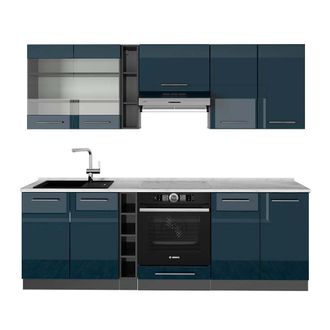 Vicco K&uuml;chenzeile Fame-Line, Dunkelblau Hochglanz/Anthrazit, 235 cm, AP Marmor