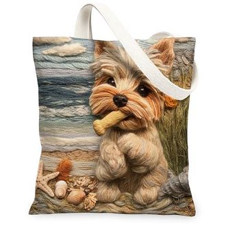 Generic Sac fourre-tout amusant en toile motif Yorkies pour faire du shopping, 33 x 38,1 cm, sac d&eacute;picerie r&eacute;utilisable pour femme, peinture danimaux domestiq