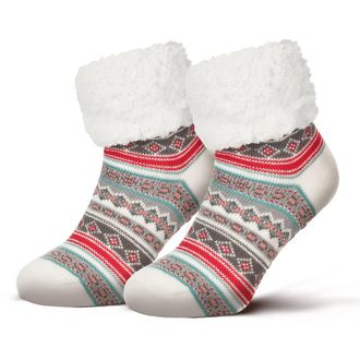 Piarini 1 Paar Kuschelsocken ABS Sohle warme Damen Socken Hüttensocken Wintersocken Anti Rutsch Noppen Ethno- Grau (One-Size)
