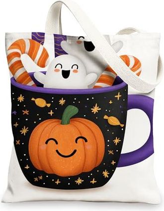 Generic Sacs fourre-tout en toile dHalloween, motif fantôme mignon, citrouille, sacs de courses réutilisables, fantaisie, amusant, léger, lavable pour les cou