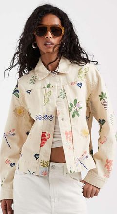 Object Veste en jean coupe carr&eacute;e &agrave; imprim&eacute; estival - Cr&egrave;me-multicolore
