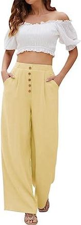 Generic Pantalon Leger Ete Femme L&eacute;ger Fluide Lin Pantalon &Agrave; Boucle Taille Haute en Lin pour Femme avec Poches &Eacute;l&eacute;gantes et Large D&eacute;contract&eacute; &Agrave; La &Eacute;l&eacute;gant Ens