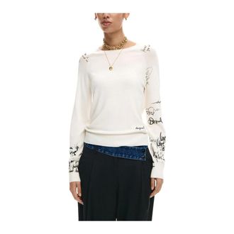 Desigual Femme, Pulls, Beige, Taille: 40 FR Tricot Imprim&eacute; &agrave; Manches Longues et Col Rond