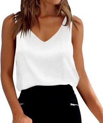 Generic D&eacute;bardeurs en satin pour femme avec col en V et sans manches - Camisole d&eacute;t&eacute; basique - Haut de travail, a blanc, XL