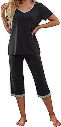 Generic Pyjama Femme Ete Pas Cher Ensemble Pyjama 2 Pièces pour Femme Pyjama Top À Manches Courtes Et 3/4 Pantacourt 3/4 Chic Elegant Fluide Vêtement De Nuit 