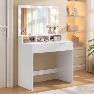 Vasagle Schminktisch, mit LED-Beleuchtung, einstellbare Helligkeit, Frisiertisch mit Spiegel, Kosmetiktisch mit 2 Schubladen und 3 offenen Fächern, modern, wo