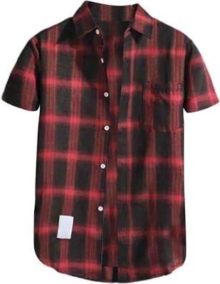 Generic Chemise &agrave; manches courtes pour homme, chemise &agrave; carreaux grande taille, chemise d&eacute;t&eacute; l&eacute;g&egrave;re, haut &agrave; carreaux &agrave; revers respirant, haut boutonn&eacute; r&eacute;tro, 