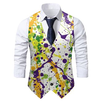 Generic Herren Weste Karneval Kost&uuml;m Bunt Bedruckt Masken Muster Anzugweste V-Ausschnitt Fasching Party Outfit Venedig Themenparty Herrenweste f&uuml;r B&uuml;hne Umzug