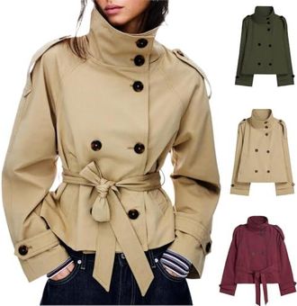 Generic Trench court pour femme automne 2025 design r&eacute;tro revers double boutonnage lacets polyvalent court automne trench, kaki, S