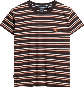 Superdry Damen Figurbetontes Essential T-Shirt mit Logo und Streifen Bison Schwarz Gestreift 38