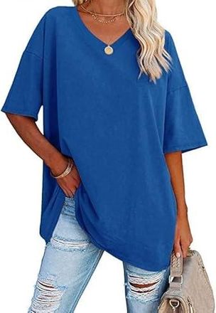 Generic Haut d&eacute;t&eacute; &agrave; manches courtes et col en V pour femme, bleu, XXL