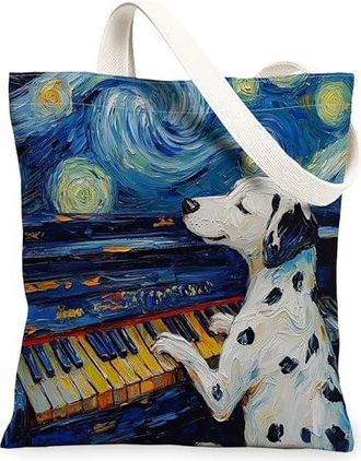 Generic Sac fourre-tout en toile pour le shopping Motif chien dalmatien 33 x 38 cm, motif piano &eacute;toil&eacute;, sac d&eacute;picerie r&eacute;utilisable pour femme, animal domestiq