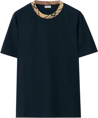 Burberry Homme, Tops, Bleu, Taille: S T-shirt en coton avec bordure &agrave; carreaux