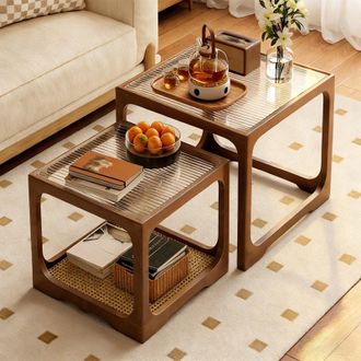 Generic Rustikaler Couchtisch, Mitteltisch-Set Mit Tischplatte Aus Geh&auml;Rtetem Glass Und Bastelregal Aus Rattan, Gummibaumholz, Stabile Struktur