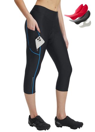 Baleaf Damen Fahrradhose 4D Gepolstert Radfahren Caprihosen Hohe Taille Radfahren Fahrrad Polsterung Strumpfhose mit Taschen Schwarz/Blau XXL