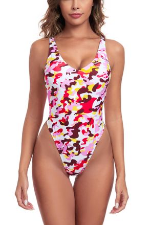 Relleciga Damen Monokini One-Piece String Thong Bikini High Cut Badeanzug Pink Camouflage L