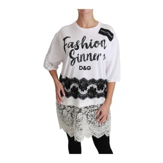 Dolce & Gabbana Fashion Sinner Baumwoll-Spitzen-T-Shirt - - Tops - Damen - Wei&szlig; - XS