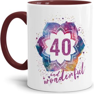 Tassendruck Geburtstags-Tasse 40 and Wonderful Geburtstags-Geschenk zum 40. Geburtstag als Geschenkidee für die Frau/Abstrakt/Bunt/Kaffeetasse/Innen & Henkel Wein