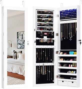 Costway Schmuckschrank mit 15 LED Leuchten, Schmuckregal Tuer- und Wandmontage, Schmuckkasten mit Ganzkoerperspiegel, Schmuck Spiegelschrank für