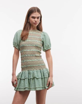 Reclaimed Vintage Robe courte ray&eacute;e &agrave; manches bouffantes et bordures contrastantes - Vert et rouge-Multicolore