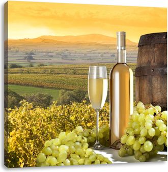 Pixxprint Weinreben mit Weinflasche und Fass, Größe: 60x60 cm, Leinwandbild Quadratisch, Wandbild, Kunstdruck, fertig bespannt