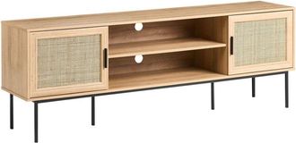 Beliani Meuble TV à 2 Portes avec Façade en Rotin 180 x 63 cm Pieds en Métal Marron Clair Boho Pasco