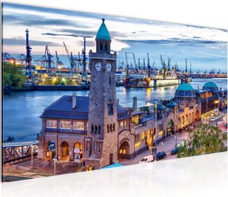Runa Art Wandbild Hamburg 1 Teilig 100 x 40 cm Modern Bild auf Vlies Leinwand Stadt Hafen Wohnzimmer Schlafzimmer Blau 603012a