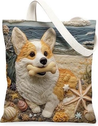 Generic Sac fourre-tout amusant en toile motif chien Corgi pour faire du shopping, 33 x 38,1 cm, sac d&eacute;picerie r&eacute;utilisable pour femme, peinture danimaux dome