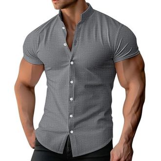 Generic Chemise d&eacute;t&eacute; en coton et lin pour homme - Style d&eacute;contract&eacute; - Couleur unie - Col montant - Manches courtes - Tunique l&eacute;g&egrave;re, gris, XXL