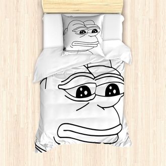 Abakuhaus Humor Bettbezug Set für Einzelbetten, Weinend Frosch Meme Cartoon, Milbensicher Allergiker geeignet mit Kissenbezug, Weiß Schwarz