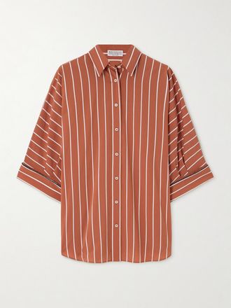 Brunello Cucinelli Chemise En Popeline De Coton Mélangé À Rayures Et À Perles - Orange