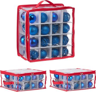 Relaxdays Weihnachtskugel Aufbewahrungsbox, 3er Set, je 32 F&auml;cher, HxBxT: 16 x 32 x 32 cm, Kugel Box, transparent/rot