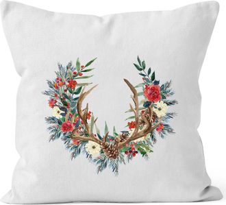 Autiga Kissenbezug Weihnachten Weihnachtskranz Geweih Hirschgeweih Blumen Gesteck Kranz Misteln weiß 40cm x 40cm