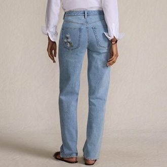 Lands End Bestickte Soft Denim Relaxte Straight Fit Jeans Mid Waist, Damen, Gr&ouml;&szlig;e:46 regular, Blau, Elasthan/Baumwoll-Mischung, by Lands End