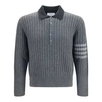 Thom Browne 4-Bar Pullover-Polo-Pullover mit Rundhalsausschnitt aus Zopfstrick - - Knitwear - Herren - Grau - M