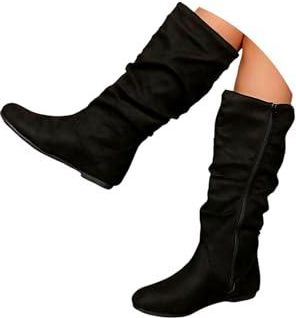 Generic Bottes de cowboy montantes pour femmes, bottes plates au-dessus du genou pour femmes, bottes mi-mollet souples en cuir souple, bottines de cowboy de c