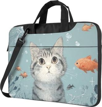 Generic Sac pour ordinateur portable de 15,6 pouces avec bandouli&egrave;re - Motif chat mignon et poisson de mer - Housse de protection antichoc pour ordinateur por