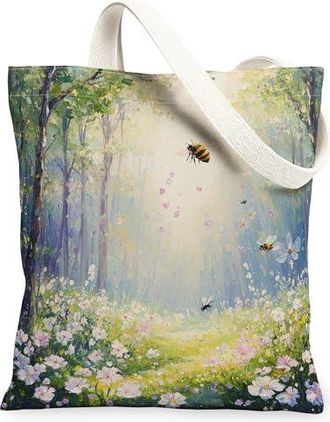 Generic Sac fourre-tout en toile r&eacute;utilisable pour le shopping 33 x 38 cm, motif p&eacute;tunias de printemps, motif abeilles, peinture florale, d&eacute;coration cadeau