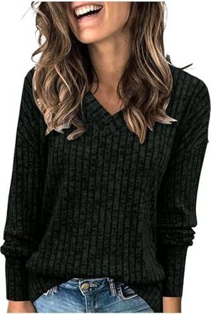 Generico Pullover pour femme col en V avec boutons, haut &agrave; manches longues, pull l&eacute;ger, tuniques basique, pullover t-shirts, 01 - Noir, X-Large