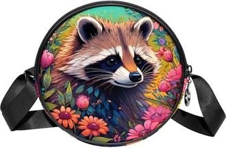 Generic Petit sac &agrave; bandouli&egrave;re circulaire pour femme, motif raton laveur avec fermeture &eacute;clair, bretelles r&eacute;glables, sac &agrave; main rond d&eacute;contract&eacute; pour femmes 