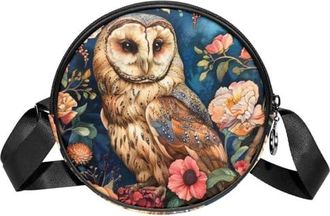 Generic Sac &agrave; bandouli&egrave;re rond pour femme, motif hibou, fleur, sac &agrave; dos avec fermeture &eacute;clair, bretelles r&eacute;glables, sac &agrave; main rond d&eacute;contract&eacute; pour femmes e