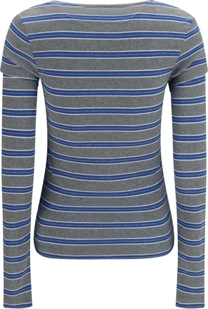 Ganni Ribbed V-Neck Striped Long-Sleeve T-Shirt - Blue