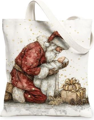 Generic Sacs fourre-tout en toile motif P&egrave;re No&euml;l vintage, r&eacute;utilisables, l&eacute;gers et lavables avec bandouli&egrave;re, blanc, 13x15 Inch