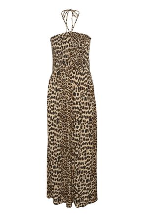 Kaffe Damen Maxikleid Strapless Smock Top Tie Neck A-Linie Skirt Printed Kleid, Classic Leopard, 38