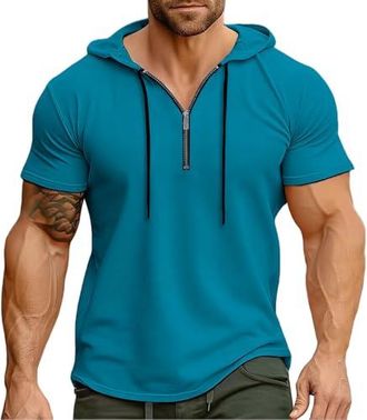 Generic T-shirt &agrave; capuche pour homme - Fermeture &eacute;clair 1/4 - Manches courtes - Pull dentra&icirc;nement - Pull de gym - Chemise muscle d&eacute;t&eacute; avec capuche - T-shirt 