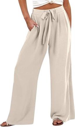 Generic Pantalon large pour femme avec taille réglable et poches amples décontractées avec noeud à nouer, 2026, beige, 4XL
