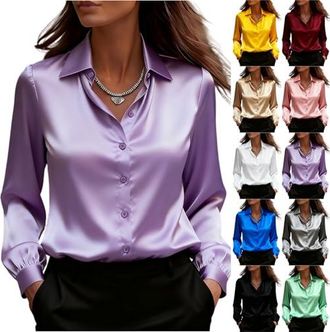 Generic Chemise en Satin &agrave; Manches Longues pour Femme - Chemisier en Soie Chic et Elegant - Col en V - Style D&eacute;contract&eacute; pour Le Travail et Le Bureau Vetement