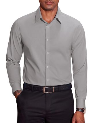 Coofandy Herren Business Hemd Langarm Stretch Bügelleichtes Businesshemden Unifarben Regular Fit Freizeithemden Männer Anzug Hemden Hellgrau XXL