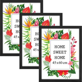 MG Design Set aus 3 Schwarz Bilderrahmen 45 x 60 cm - Aus echtem Holz mit Acrylglas, zum Aufhängen & Aufstellen, für Fotos, Poster & Puzzle